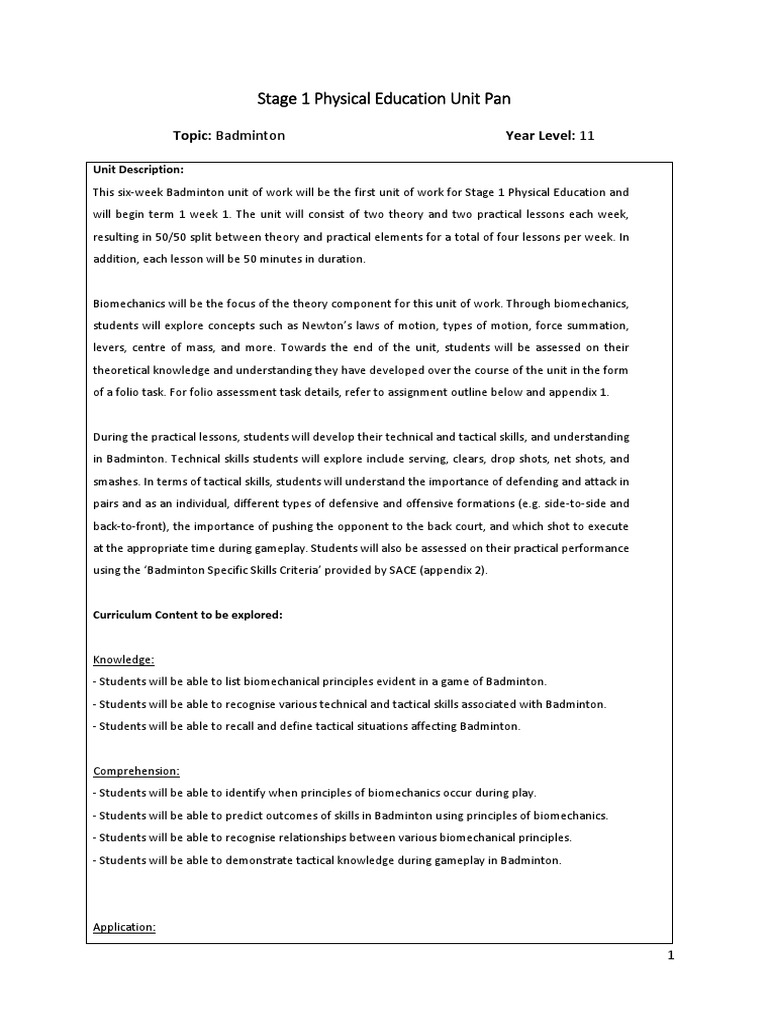 Badminton Unit Plan | PDF | Biomechanics | Psychological Concepts