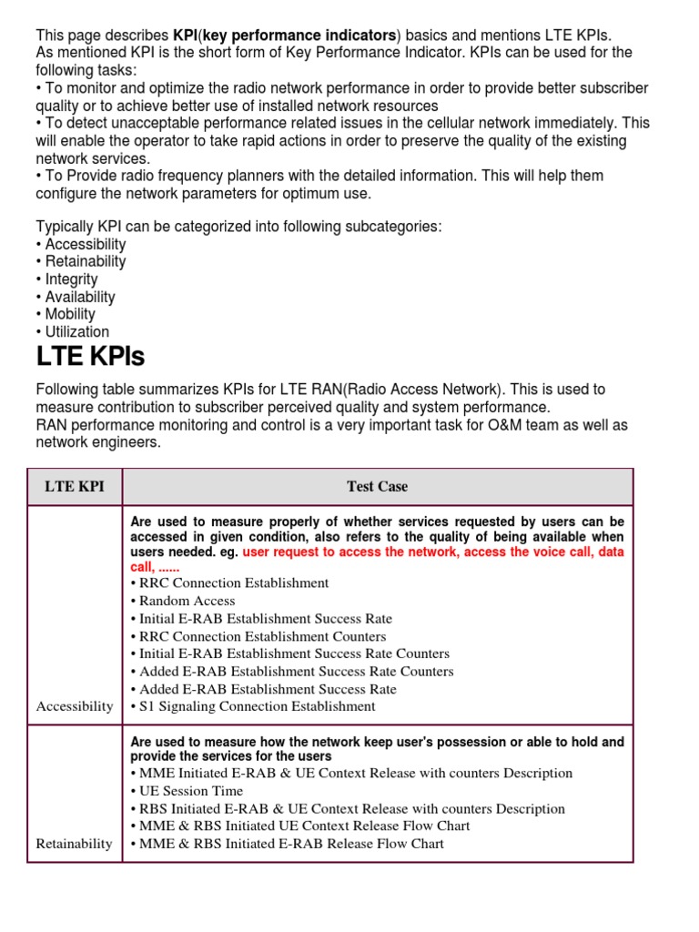 Lte Kpi | Download Free PDF | Lte (Telecommunication) | Performance ...