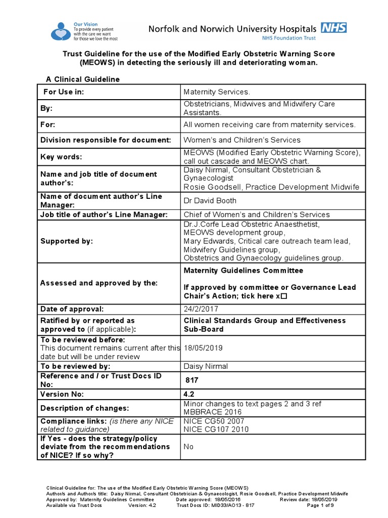 MEOWS Guideline for Maternity Care | PDF | Midwife | Obstetrics