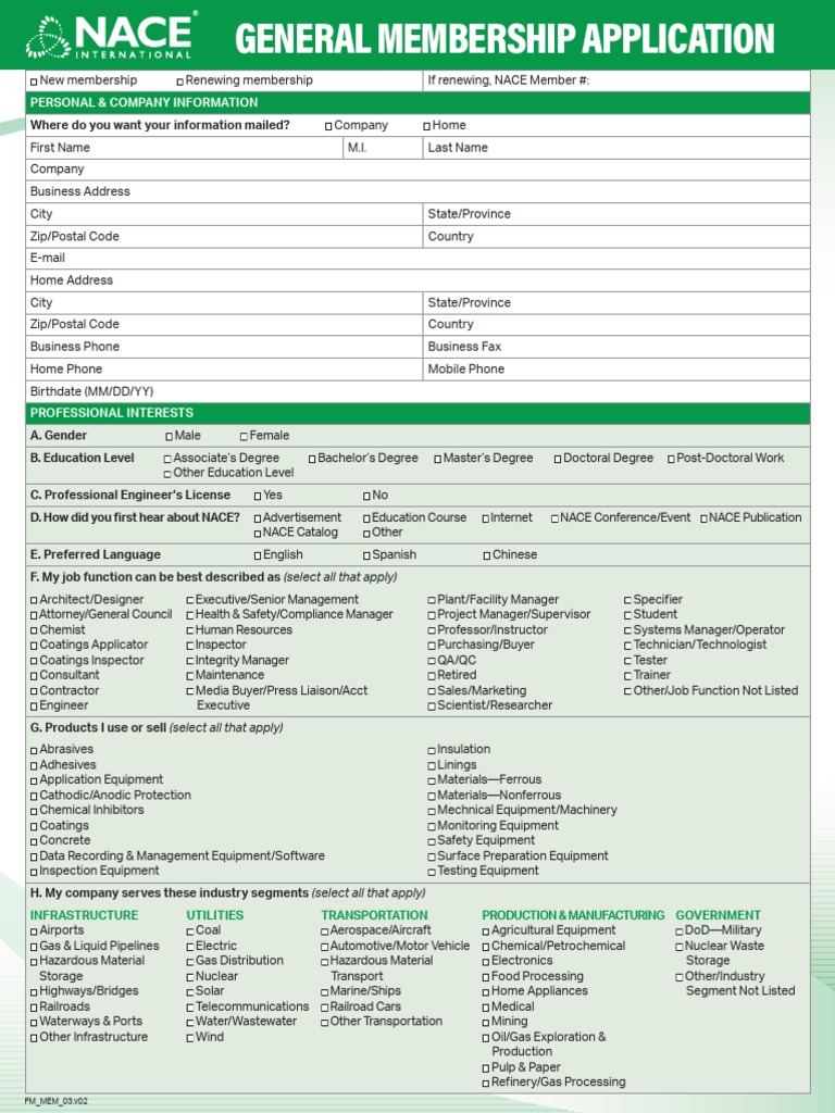 NACE Membership Application 2016 | PDF | Pipeline Transport | Oil Refinery