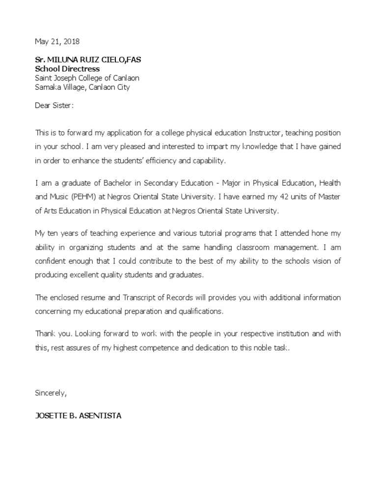 PE teacher job application Saint Joseph College | PDF