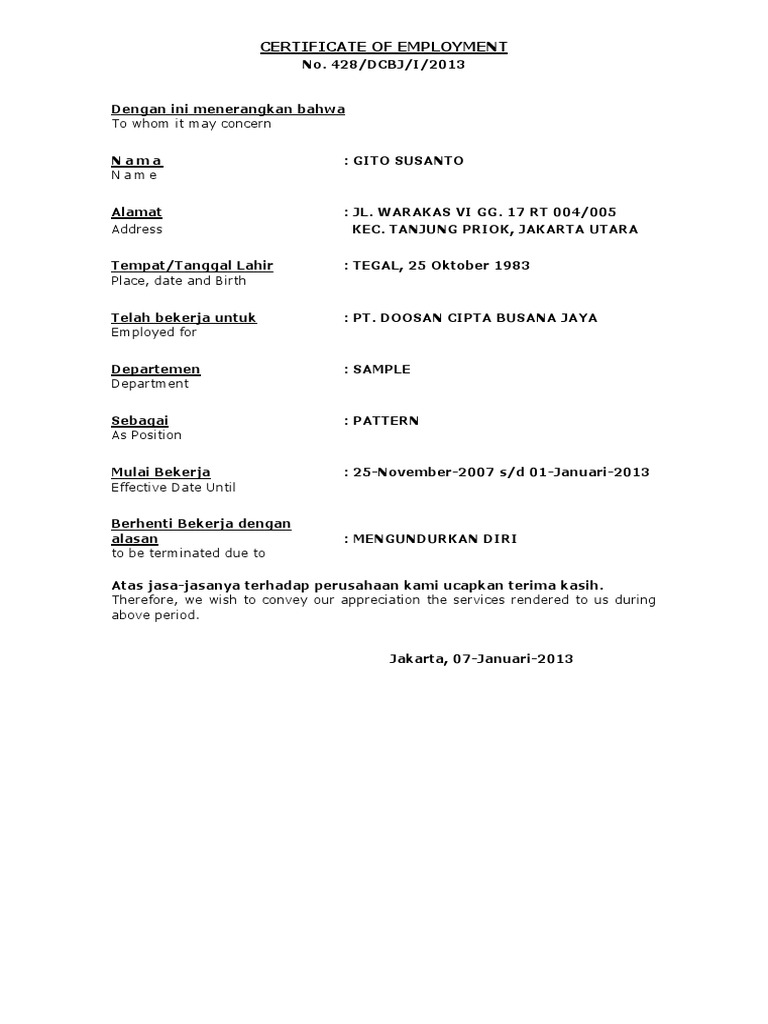 Certificate Of Employment Pdf