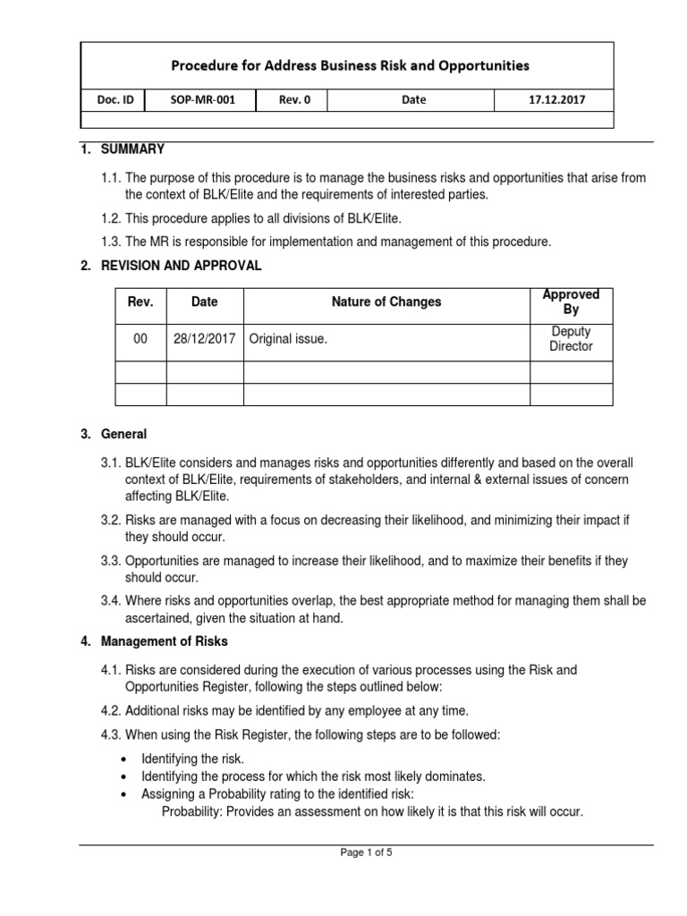 Procedure Risk and Opportunities | PDF | Risk Assessment | Risk