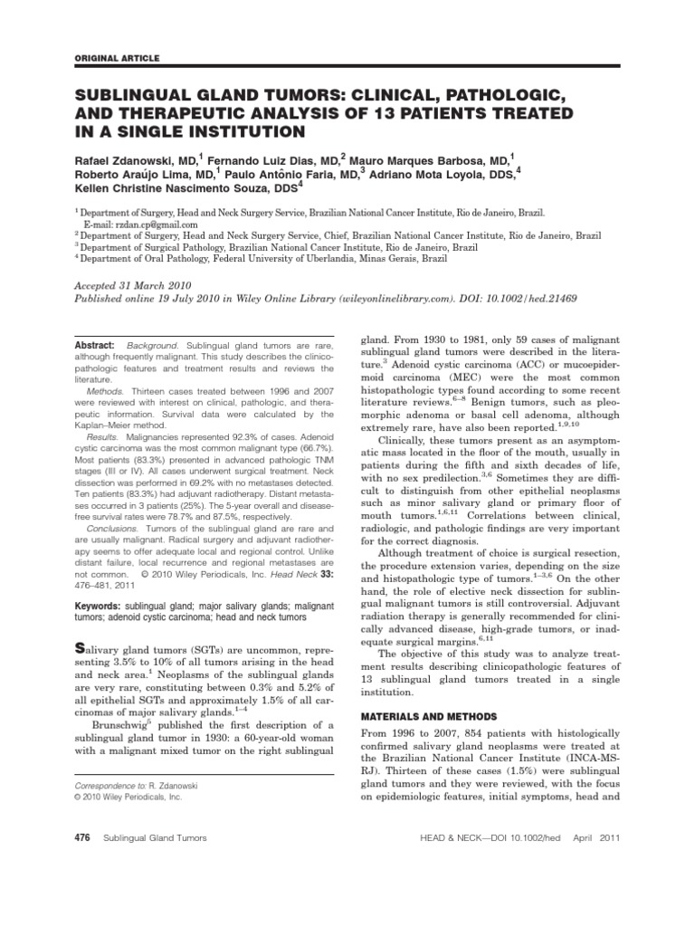 HN 04-2011 Sublingual Gland Tumors PDF | PDF | Metastasis | Adenoma