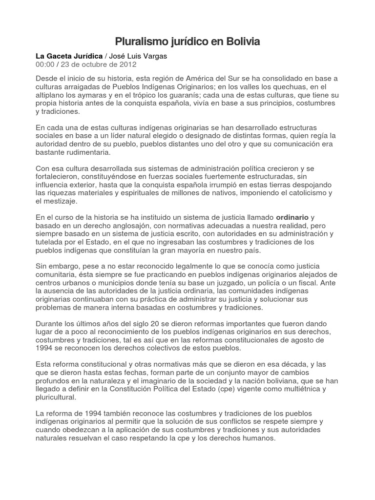 Pluralismo Jurídico en Bolivia | PDF | Pueblos Indígenas de las Américas | Justicia