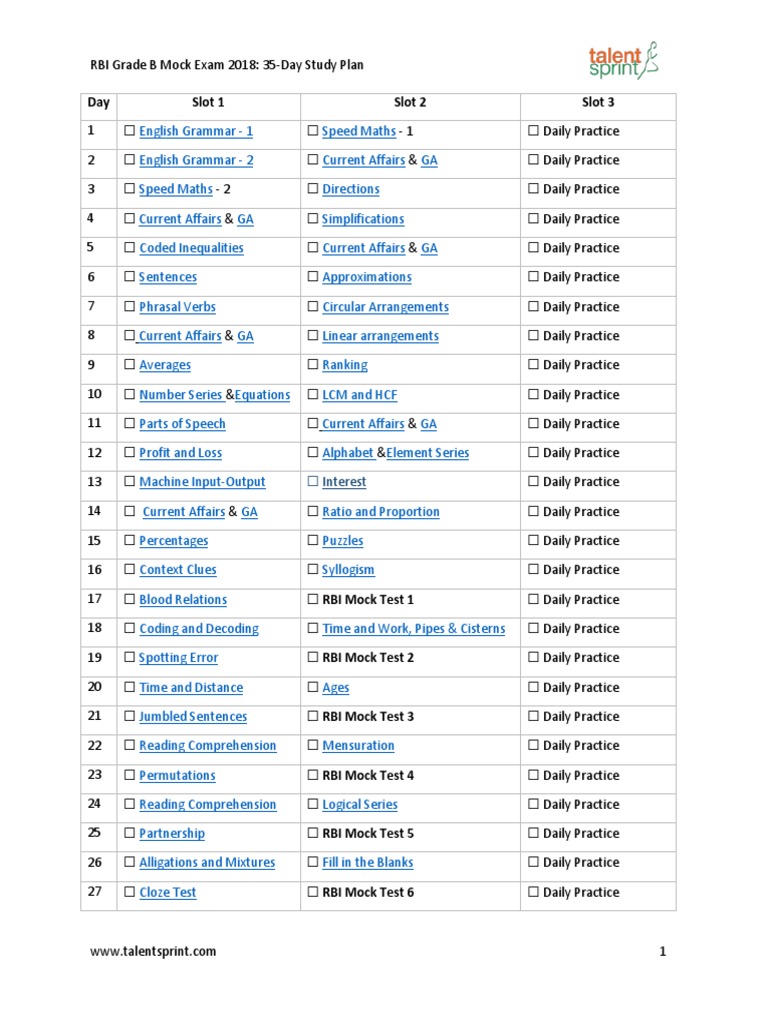 35 Day Rbi Grade B Studyplan PDF | PDF | Reading (Process) | Test ...