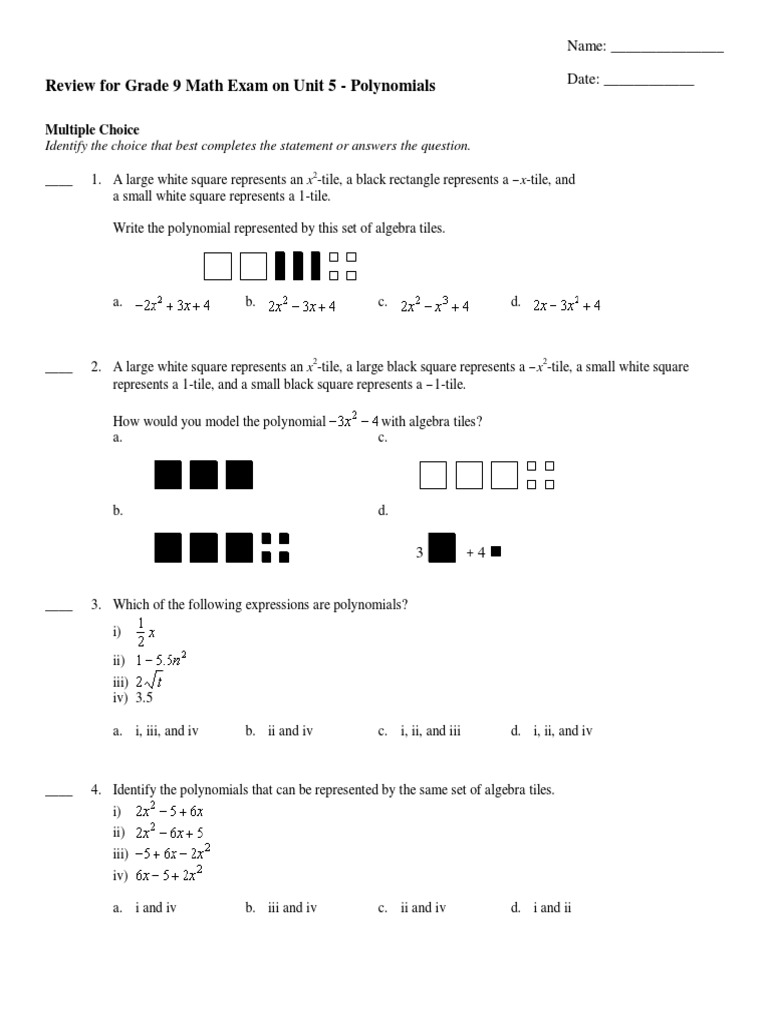 Grade 9 Polynomials Exam Review | PDF | Polynomial | Area