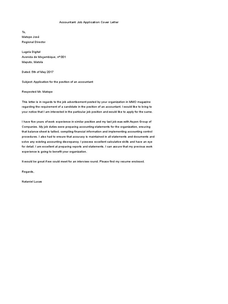 Accountant Job Application Cover Letter Template Word | PDF