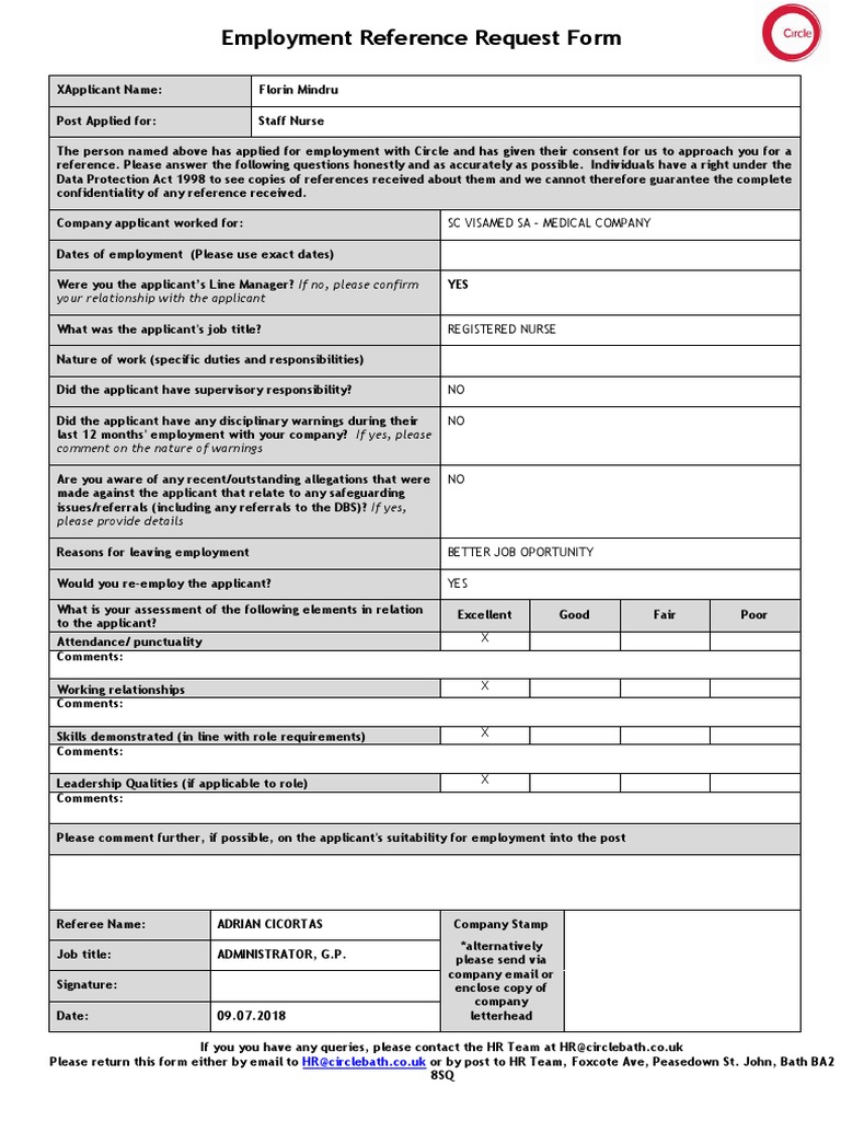 Employment Reference Request Form - Florin Mindru (1426) | PDF ...
