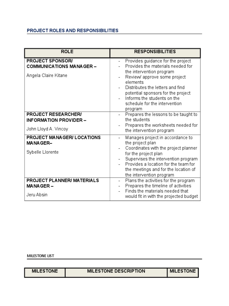 Role Responsibilities Project Sponsor/ Communications Manager | PDF ...