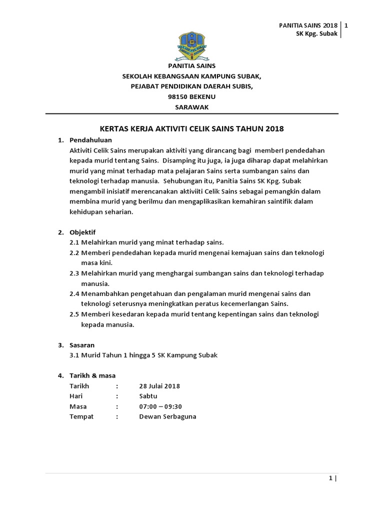 Kertas Kerja Aktiviti Celik Sains 2018 | PDF