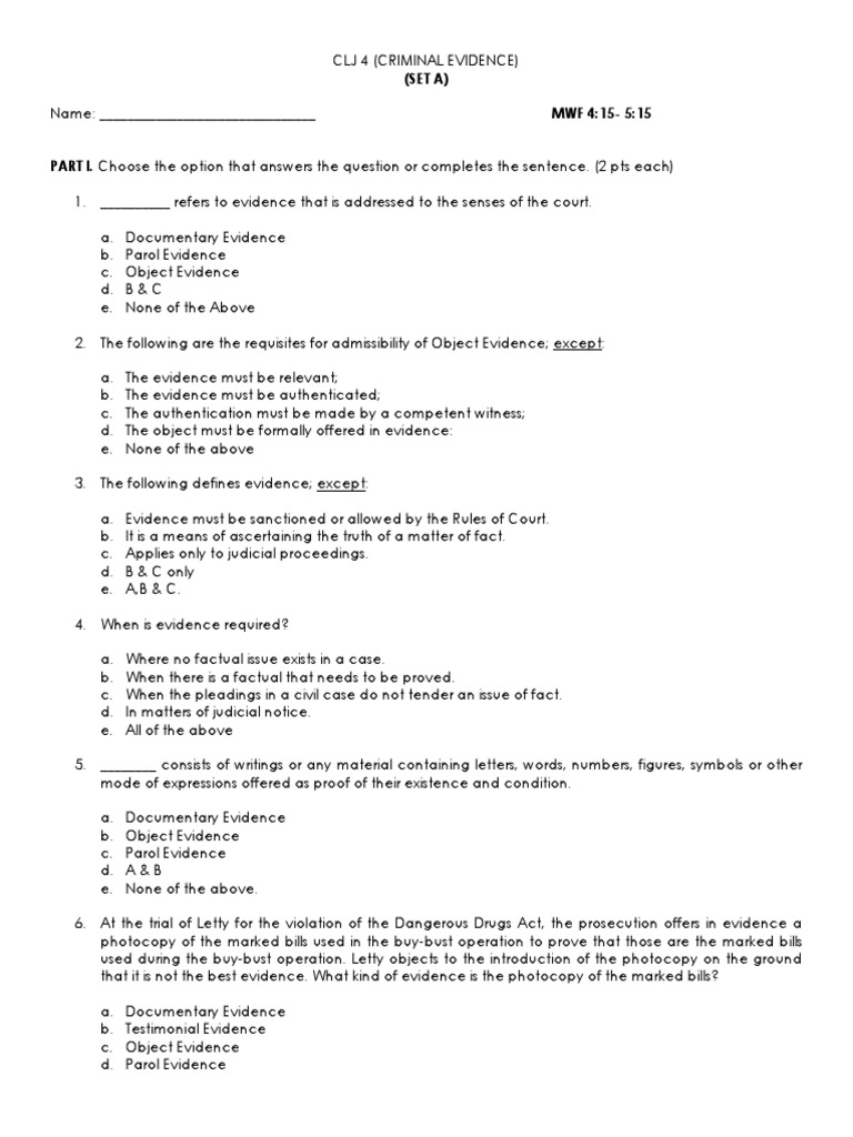 CLJ 4 Prelim Exam (SET A) | PDF | Evidence | Parol Evidence Rule