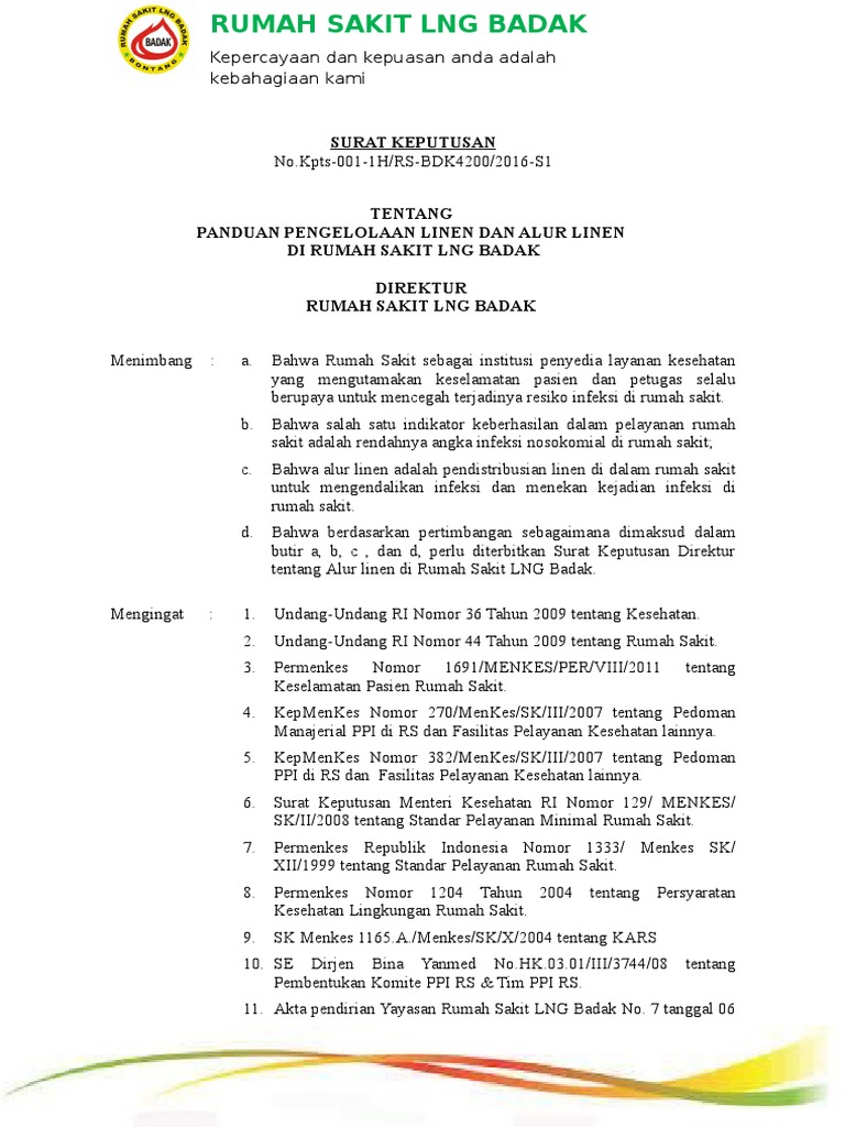 SK Panduan Pengelolaan Linen Dan Alur Linen Di Rs LNG Badak | PDF