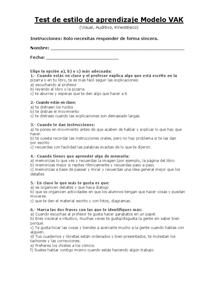 Test de Estilo de Aprendizaje Modelo VAK | PDF | Cognición | Conceptos ...