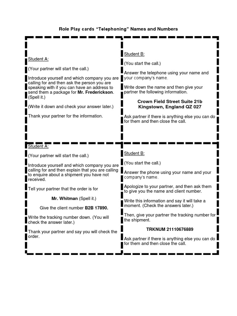 Telephoneroleplay Cards Names and Numbers | PDF