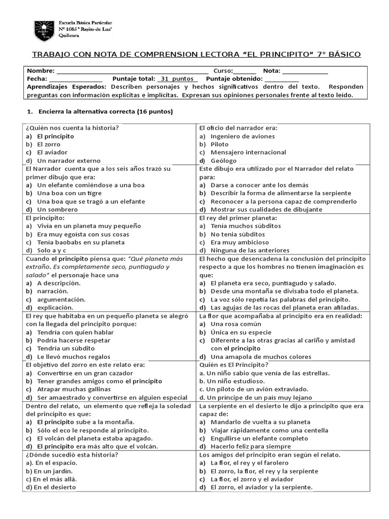 Trabajo Lectura El Principito | PDF | El Principito