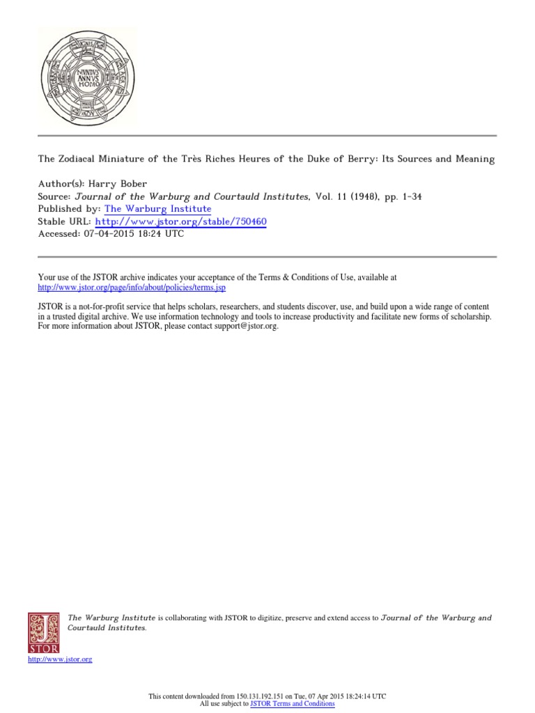 Harry Bober, The Zodiacal Miniature of The Très Riches Heures of The ...