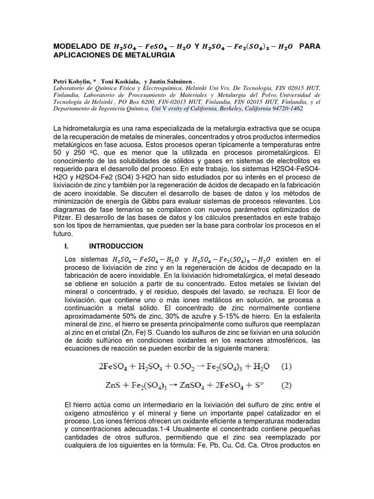 Modelado de H2so4 Feso4 | PDF | Zinc | Equilibrio químico