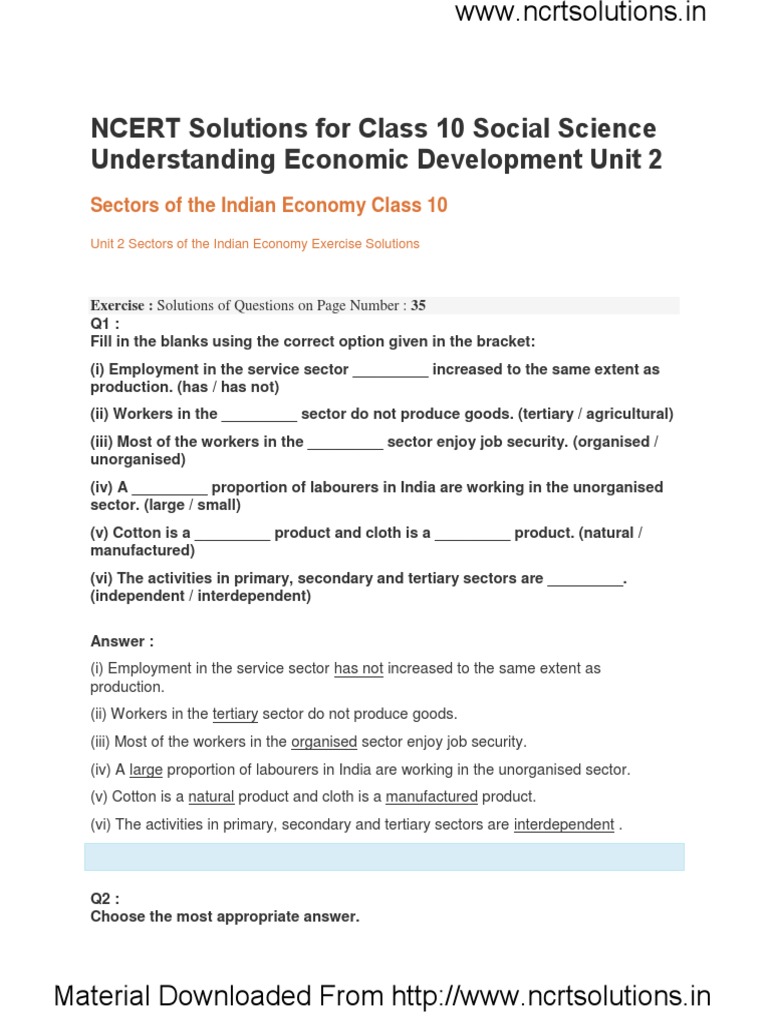 NCERT Solutions For Class 10 Social Science Understanding Economic Development Unit 2 | PDF ...