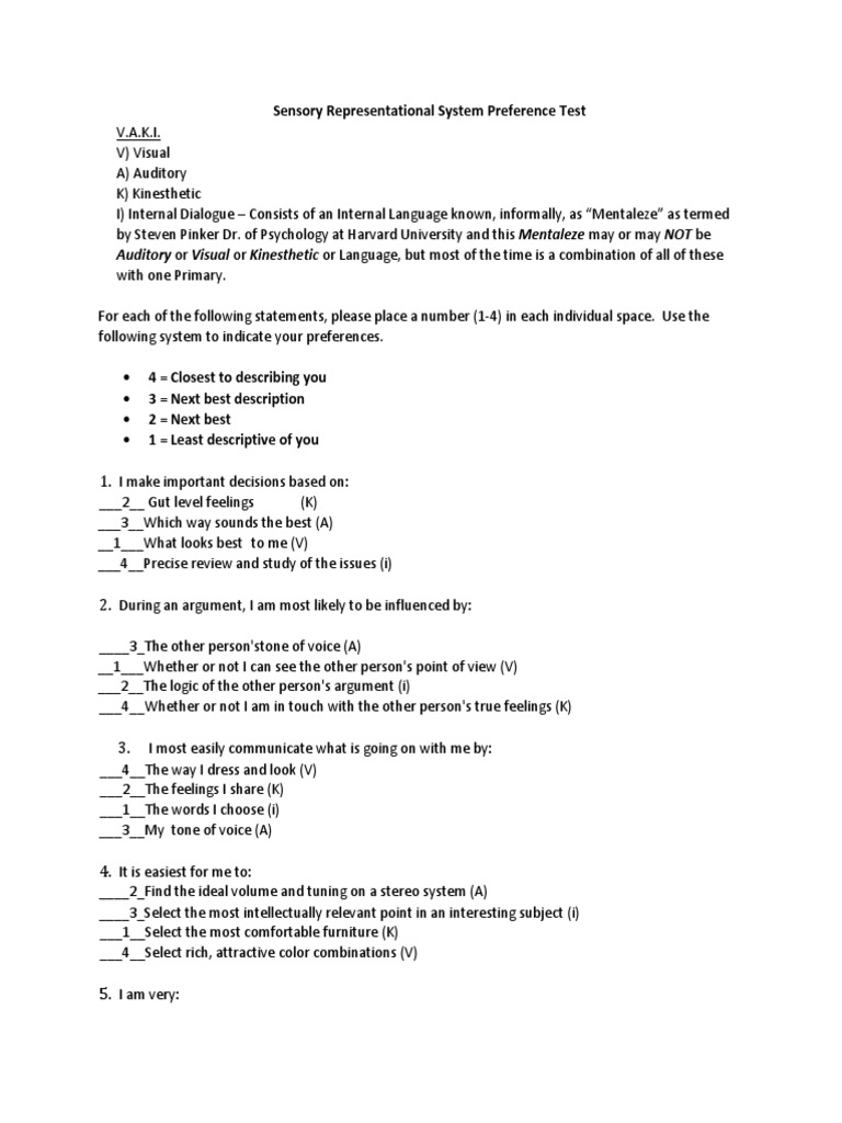 Sensory Preference Assessment Test | PDF | Argument | Perception