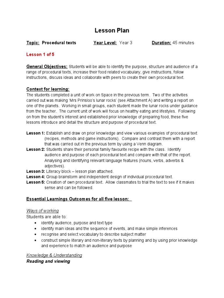 Lesson Plan: Topic: Procedural Texts Year Level: Year 3 Duration: 45 ...