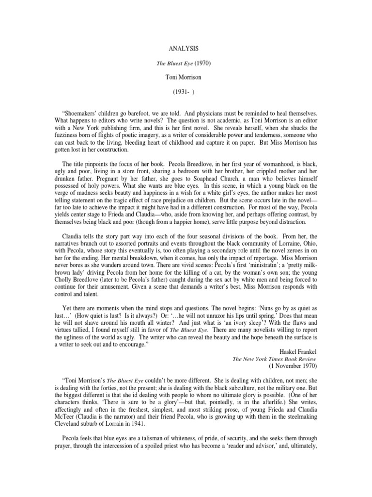 ANALYSIS Morrison, Toni The Bluest Eye (1970) Analysis by 25 Critics | PDF