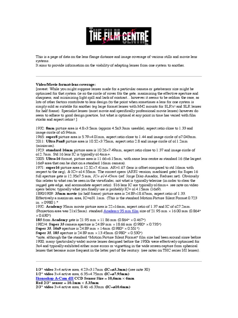 Lens Mounts and Flange Focal Distances | PDF | Camera Lens | Digital ...