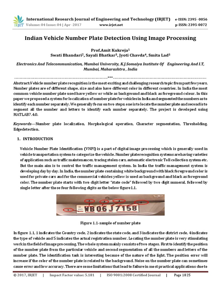 Indian Vehicle Number Plate Detection Using Image Processing | PDF ...