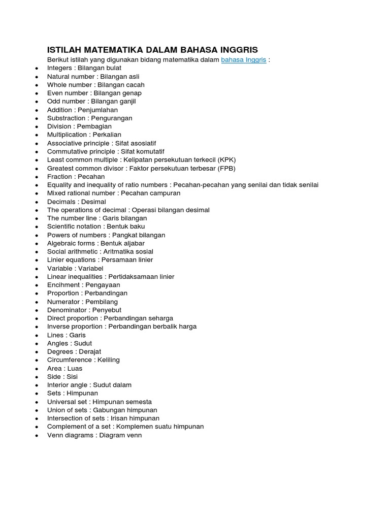 Istilah Matematika Dalam Bahasa Inggris | PDF