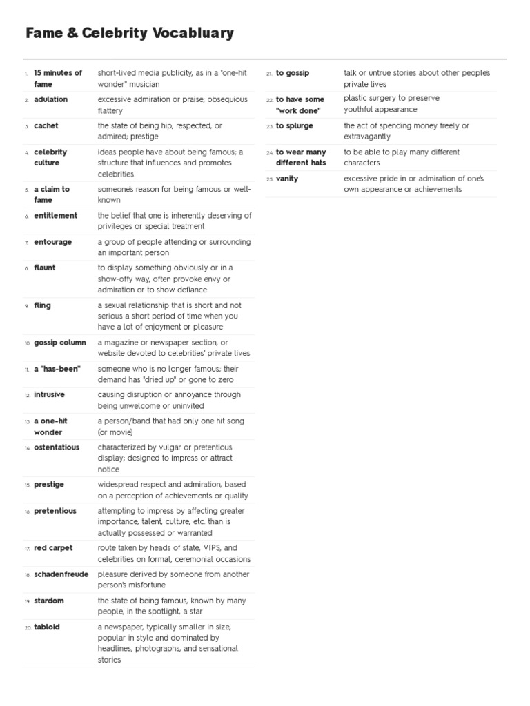 Fame and Celebrity Vocabulary Guide | PDF | Celebrity