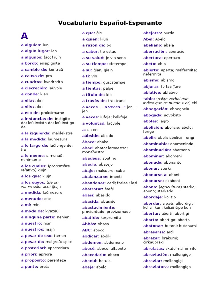 Vocabulario Español Esperanto | PDF