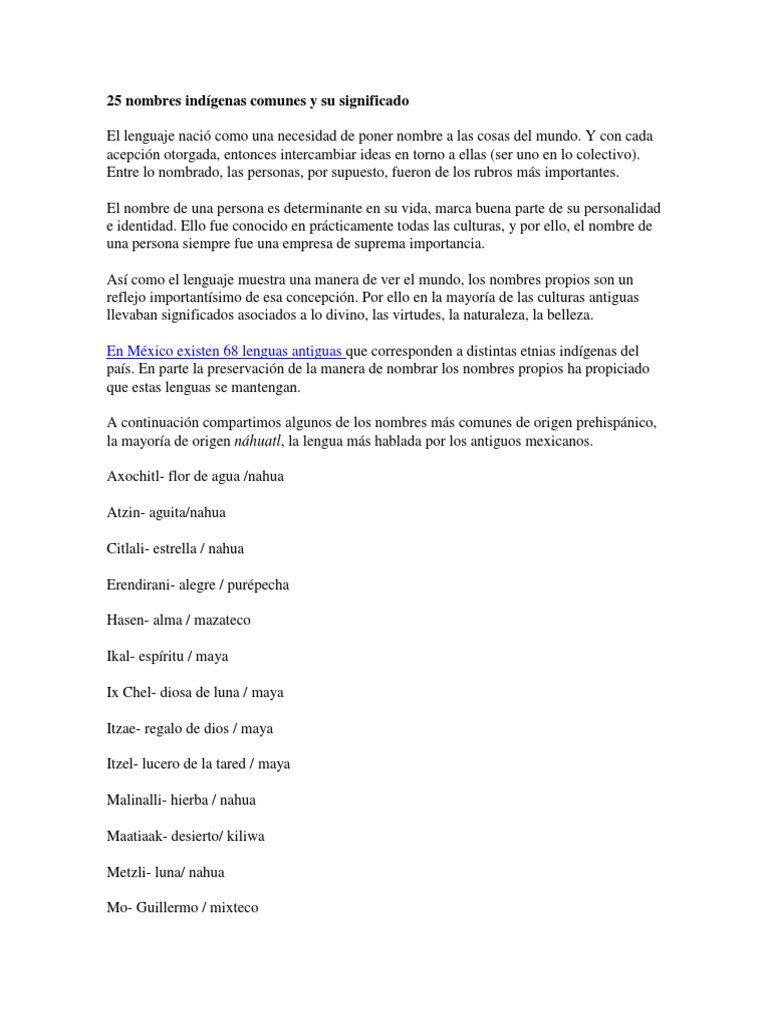 25 Nombres Indígenas Comunes y Su Significado | PDF