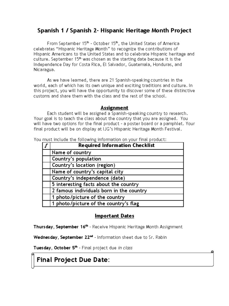 Span 1 - Hispanic Heritage Month Project Directions - Countries | PDF ...