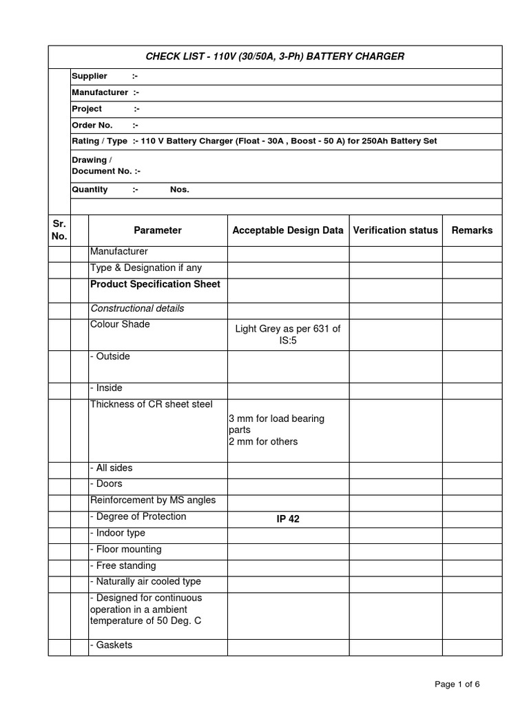 110V Battery Charger Inspection Checklist | PDF | Battery Charger ...