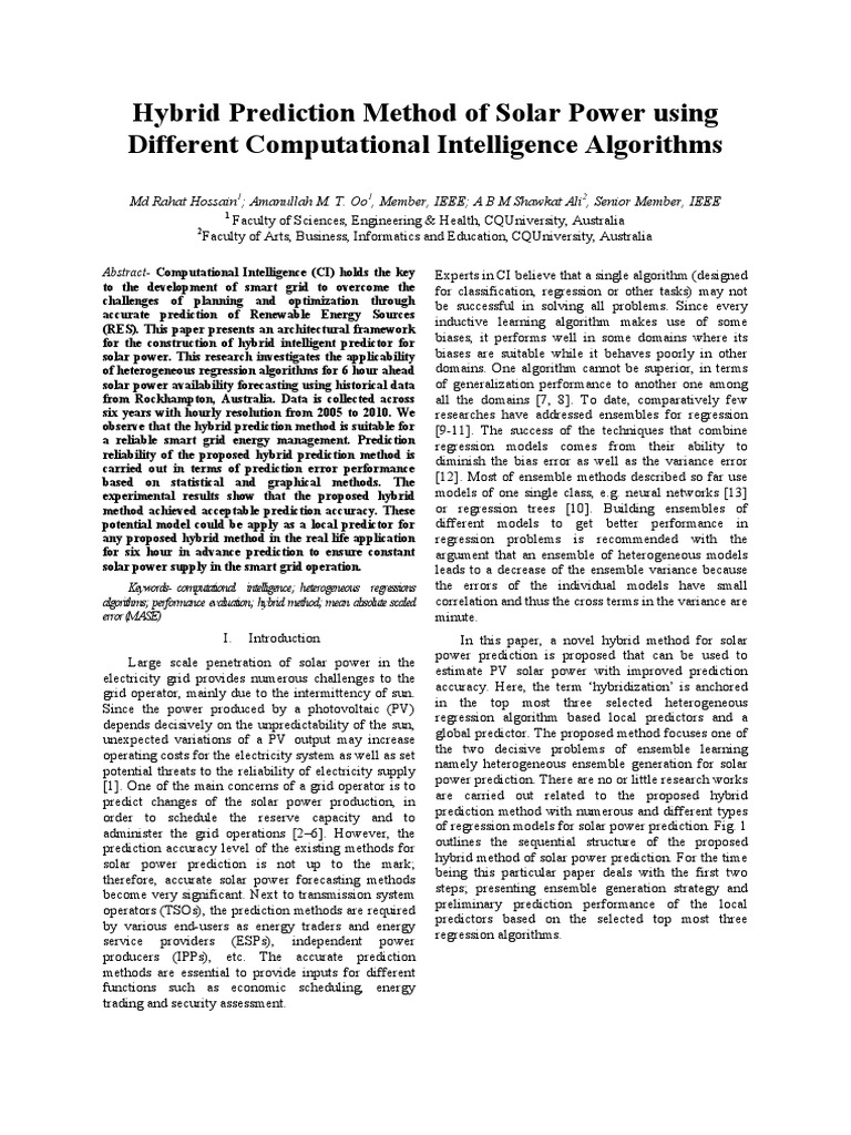 Hybrid Prediction Method Of Solar Power Using Different Computational Intelligence Algorithms
