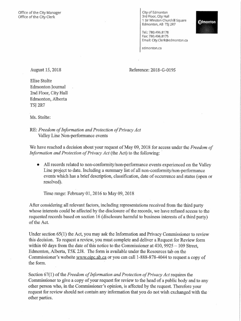 City Ruling On FOIP Request For Valley Line LRT | PDF | Edmonton | Privacy