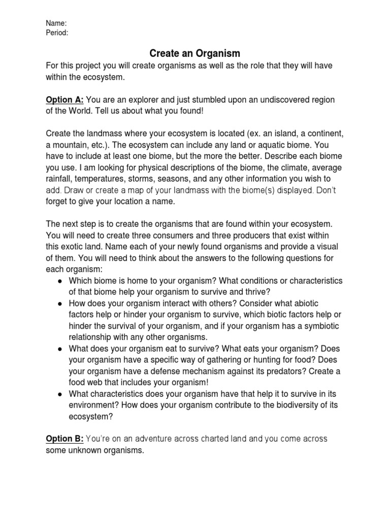 Create An Organism: Option A: You Are An Explorer and Just Stumbled ...