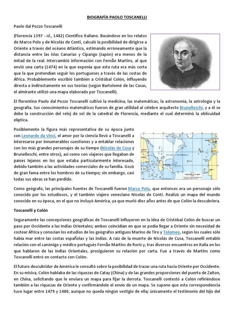 Biografía Paolo Toscanelli | PDF | Cristobal colon | Brújula