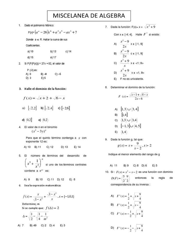 Ejercicios de Álgebra y Funciones Matemáticas | PDF | Función (Matemáticas) | Conceptos matemáticos