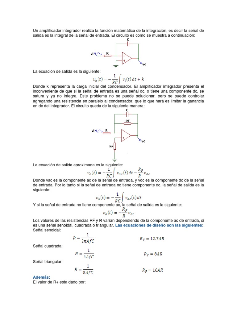 Un Amplificador Integrador Realiza La Función Matemática de La ...