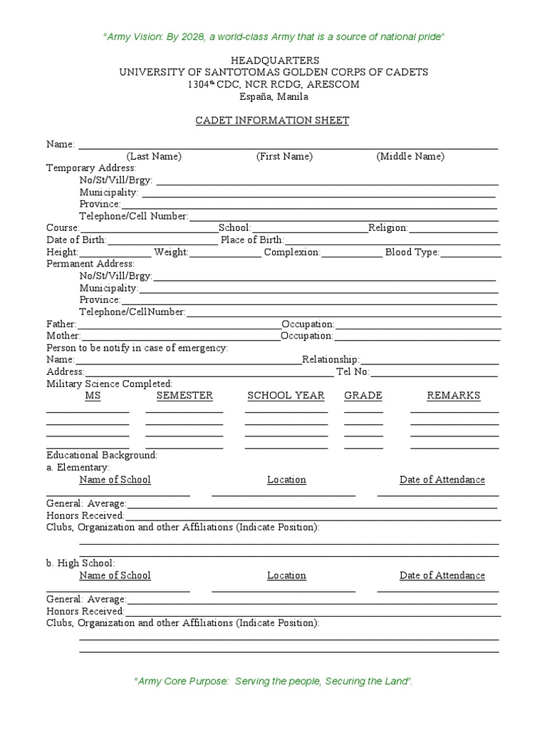 UST NSTP-ROTC - Cadet Info Sheet | PDF