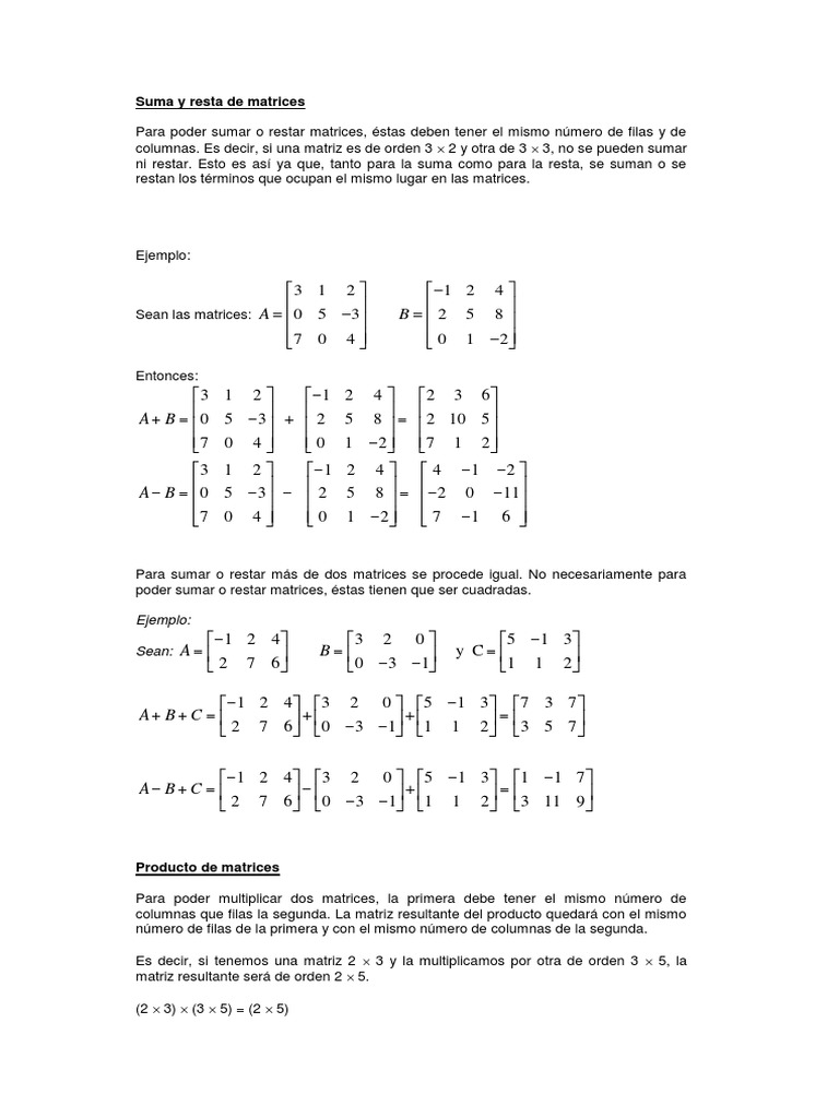 Hojas De Trabajo De Suma Y Resta De Matrices Resta De Matrices