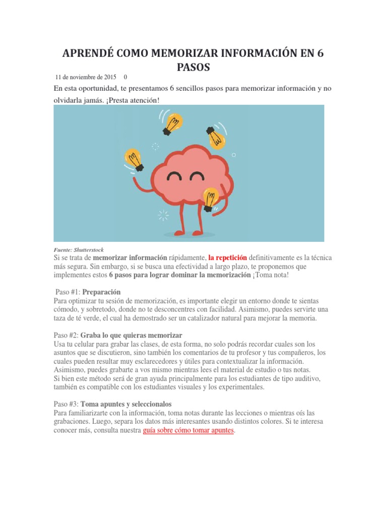 Aprendé Como Memorizar Información en 6 Pasos | PDF | Memoria | Prueba ...