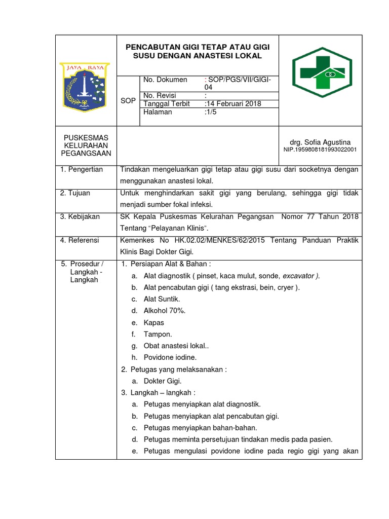 Sop Pencabutan Gigi Tetap Atau Gigi Susu Dengan Anastesi Lokal | PDF