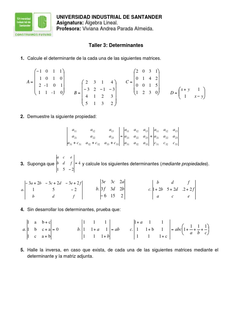 Taller 3 Determinantes | PDF | Determinante | Sistema de ecuaciones ...