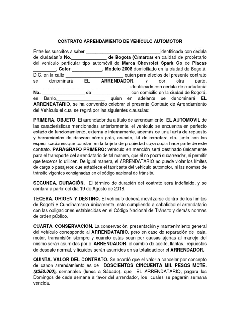 Contrato de Arriendo de Vehiculo | Coche | Bogotá