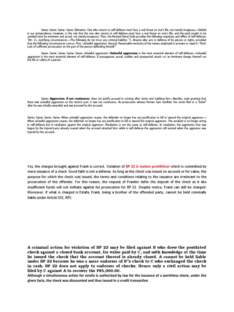 BP 22 Is Malum Prohibitum | PDF | Self Defense | Assault