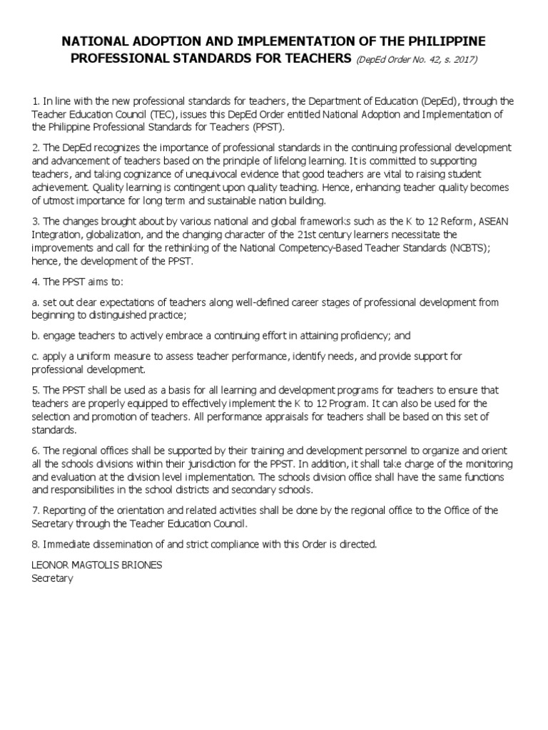 PPST DepEd Ord. 42 S 2017 | PDF | Educational Assessment | Learning