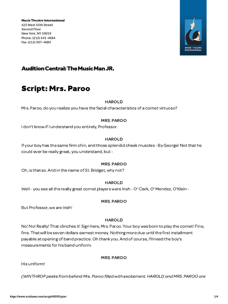 Mrs. Paroo in The Music Man JR. Script | PDF | Leisure