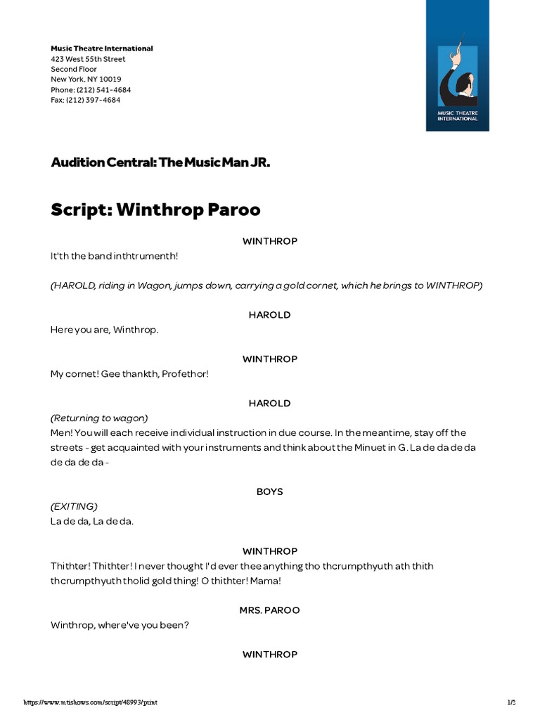 Music Man Audition Script Winthrop | PDF